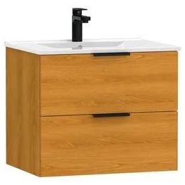 Waschtisch Welltime "Athen Badezimmerschrank mit Softclose Funktion WC Bad 60 cm" Waschtische Gr. eckig, braun (eichefarben + eichefarben) Waschplatz mit 2 Schubladen und Waschbecken Badmöbel Unterschrank