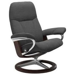 Relaxsessel stressless "Consul" Sessel Gr. ROHLEDER Stoff Q2 FARON, Signature Base Braun, BalanceAdaptTM-PlusTMSystem-Gleitsystem-Relaxfunktion-Drehfunktion-Kopfstützenverstellung-Rückteilverstellung, B/H/T: 82cm x 102cm x 72cm, grau (dark grey q2 faron) mit Signature Base, Größe M, Gestell Braun