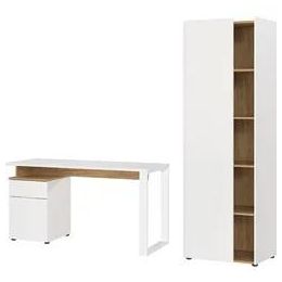 Büromöbel-Set Andas "Njavve bestehend aus Schreibtisch" Arbeitsmöbel-Sets Gr. B/H/T: 217cm x 188cm x 61cm, Türen sowohl rechts als auch links montierbar-Griffloses Design-Mit einer Schublade, weiß (weiß/navarra-eiche-nb.) mit Container & hohem Aktenschrank (Höhe 188 cm), Made in Germany