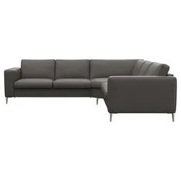 Ecksofa FLEXLUX "Fiore, gleichschenklig, super Sitzkomfort durch Kaltschaum im Sitz" Sofas Gr. B/H/T: 257cm x 85cm x 92cm, Echtleder, Schenkel links, grau (warm mineral) breite Armlehnen, Füße Alu+ Eiche, L-Form