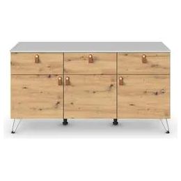 Kombikommode Rauch "Homey by Aditio" Sideboards Gr. B/H/T: 140 cm x 73 cm x 43 cm, 3 St., grau (seidengrau, eiche artisan) mit Grifflaschen in Leder, 3 Schubladen Softclose-Funktion