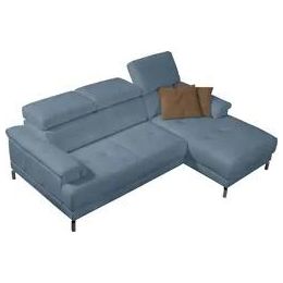 Ecksofa Egoitaliano "Soul, Design und Sitzkomfort auf hohem Niveau, tolle Details, L-Form" Sofas Gr. B/H/T: 250 cm x 99 cm x 166 cm, Luxus-Microfaser Lederoptik, Recamiere rechts, mit Kopfteilverstellung, blau (hellblau) mit Recamiere, inkl. Kopfteilverstellung