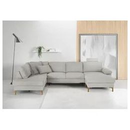 Wohnlandschaft 3C Candy "Lecce, wahlweise PUR-Schaumstoff oder Tonnentaschenfederkern U-Form" Sofas Gr. B/H/T: 339cm x 86cm x 220cm, Feincord, Longchair rechts, Sitzaufbau mit Tonnentaschenfederkern, silberfarben Bettkasten in Umbauecke und Longchair, sowie Querschläfer im 2-Sitzer