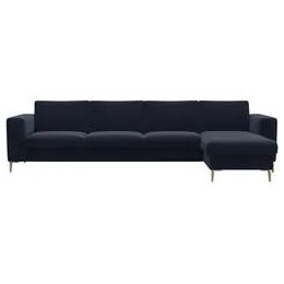 Ecksofa FLEXLUX "Fiore, super Sitzkomfort durch Kaltschaum im Sitz, L-Form" Sofas Gr. B/H/T: 295cm x 85cm x 159cm, Velvet, blau (royal blau) breite Armlehnen, Füße Alu+ Eiche