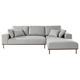 Ecksofa Andas "Mikael" Sofas Gr. B/H/T: 278cm x 87cm x 170cm, Struktur weich, Recamiere rechts, grau (hellgrau) mit hochwertigem, gebeiztem Holzrahmen und 4 Zierkissen, L-Form