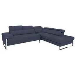 Ecksofa W.Schillig "finn" Sofas Gr. B/H/T: 281cm x 71cm x 230cm, Stoff S37, Ottomane rechts, mit Kopfteilverstellung-ohne Sitztiefenverstellung, blau (dunkelblau s37) German Design Award 2016, Fußgestell Chrom glänzend, Breite 281 cm