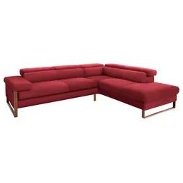 Ecksofa W.Schillig "finn" Sofas Gr. B/H/T: 281cm x 71cm x 230cm, Longlife Xtra-Leder Z59, Ottomane rechts, ohne Kopfteilverstellung-ohne Sitztiefenverstellung, rot (ruby z59) German Design Award 2016, Fußgestell Nussbaum natur, Breite 281 cm