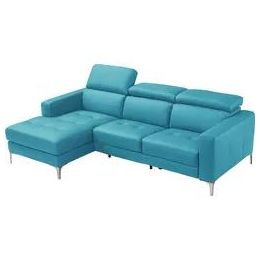 Ecksofa Egoitaliano "Matt, erstklassiger Sitzkomfort, aufwendige Detailverarbeitung, L-Form" Sofas Gr. B/H: 247cm x 100cm, Leder BULL, Recamiere links, blau (türkis) mit verstellbaren Kopfteilen zum Relaxen