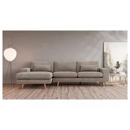 Ecksofa Home Affaire "Torino B/T/H: 282/151/81 cm" Sofas Gr. B/H/T: 282cm x 81cm x 151cm, Bouclé, Recamiere links, grau (taupe) L-Form, edler Holzrahmen, incl. Zierkissen, auch in Bouclé