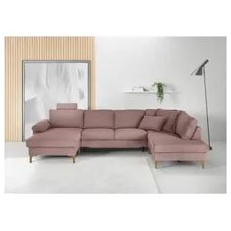 Wohnlandschaft 3C Candy "Lecce, wahlweise PUR-Schaumstoff oder Tonnentaschenfederkern U-Form" Sofas Gr. B/H/T: 339cm x 86cm x 220cm, Feincord, Longchair links, Sitzaufbau PUR-Schaumstoff, rosa Bettkasten in Umbauecke und Longchair, sowie Querschläfer im 2-Sitzer