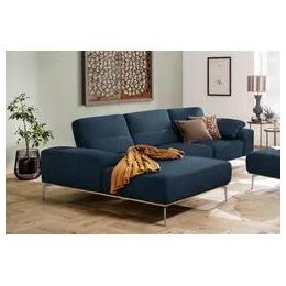 Ecksofa W.Schillig "run" Sofas Gr. B/H/T: 319cm x 88cm x 178cm, ROHLEDER Jacquard-Flachgewebe Q2 W60, Recamiere links, mit Sitztiefenverstellung, blau (jeans w60) mit elegantem Holzsockel, Füße in Chrom glänzend, Breite 319 cm