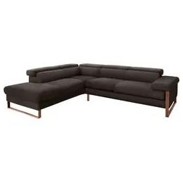 Ecksofa W.Schillig "finn" Sofas Gr. B/H/T: 281cm x 71cm x 230cm, Longlife Xtra-Leder Z59, Ottomane links, ohne Kopfteilverstellung-mit motorischer Sitztiefenverstellung, braun (braun z59) German Design Award 2016, Fußgestell Nussbaum natur, Breite 281 cm