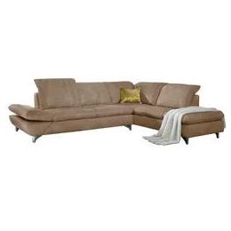 Ecksofa W.Schillig "taoo" Sofas Gr. B/H/T: 296 cm x 84 cm x 242 cm, Longlife fabric Velourgewebe S41, Ottomane rechts, mit Kopfteilverstellung-mit Sitztiefenverstellung, braun (sand s41) mit Sitziefenverstellung & Kopfteilverstellung