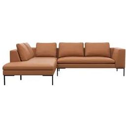 Ecksofa FLEXLUX "Loano, superbequemer Sitzkomfort durch Kaltschaum im Sitz" Sofas Gr. B/H/T: 284cm x 86cm x 230cm, Echtleder, lange Ottomane links, braun (modern cognac brown) modernes Sofa, frei im Raum stellbar, lose Kissen