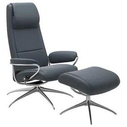 Relaxsessel stressless "Paris" Sessel Gr. Leder BATICK, Star Base-High Base, PlusTMSystem-Gleitsystem-Relaxfunktion-Drehfunktion-Kopfstützenverstellung-Rückteilverstellung, B/H/T: 80cm x 114cm x 74cm, blau (atlantic batick) mit Hocker, High Back, Star Base, Gestell Chrom