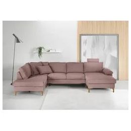 Wohnlandschaft 3C Candy "Lecce, wahlweise PUR-Schaumstoff oder Tonnentaschenfederkern U-Form" Sofas Gr. B/H/T: 339cm x 86cm x 220cm, Feincord, Longchair rechts, Sitzaufbau mit Tonnentaschenfederkern, rosa Bettkasten in Umbauecke und Longchair, sowie Querschläfer im 2-Sitzer