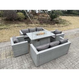 Fimous - Gas Feuertisch für den Außenbereich Rattan Gartenmöbel Set mit 2 Sofa 2 Sessel Gas Feuerstelle Helles Grau