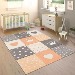 Paco Home - Teppich Kinderzimmer Kinderteppich Mädchen Jungen Mit Karo-Design In Orange Grau 160 cm Rund