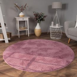 Paco Home - Teppich Wohnzimmer Kunstfell Shaggy Hochflor Waschbar In Waschmaschine Soft Uni Rosa Mauve 80 cm Rund