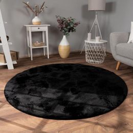 Paco Home - Teppich Wohnzimmer Kunstfell Shaggy Hochflor Waschbar In Waschmaschine Soft Uni Schwarz ø 80 cm Rund