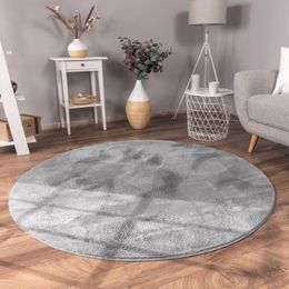 Paco Home - Teppich Wohnzimmer Kunstfell Shaggy Hochflor Waschbar In Waschmaschine Soft Uni Grau ø 80 cm Rund