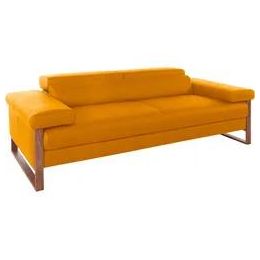 2,5-Sitzer W.Schillig "finn" Sofas Gr. B/H/T: 230cm x 71cm x 106cm, Stoff S37, ohne Kopfteilverstellung-mit motorischer Sitztiefenverstellung, gelb (brandy s37) German Design Award 2016, Fußgestell Nussbaum natur, Breite 230 cm