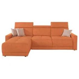 Ecksofa DOMO collection "Ava L-Form", orange (terrakotta), B:262cm H:84cm T:167cm, Kunstleder SOFTLUX, Struktur fein (100% Polyester), Zierkissen: Microfaser PRIMABELLE (100% Polyester), Struktur (100% Polyester), Microfaser PRIMABELLE (100% Polyester), Sofas, mit Recamiere, Federkern wahlweise mit Kopfteilverstellungen