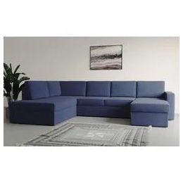 Wohnlandschaft Home Affaire "Delaware, Breite 292 cm, Webstoff fein, mit Stauraum" Sofas Gr. B/H/T: 292 cm x 73,5 cm x 202 cm, Webstoff fein, Recamiere rechts, blau (dark blue) ausziehbar, mit Bettfunktion, Wellenunterfederung