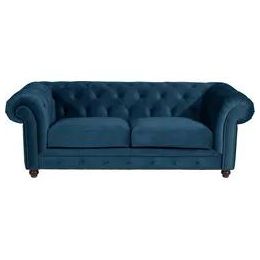 Chesterfield-Sofa Max Winzer "Old England Sofa 2,5-Sitzer mit edler Knopfheftung, bequem und edel" Sofas Gr. B/H/T: 218cm x 76cm x 96cm, Samtvelours 20442, blau (petrol) hoher Sitzkomfort im Retrolook, Breite 218 cm