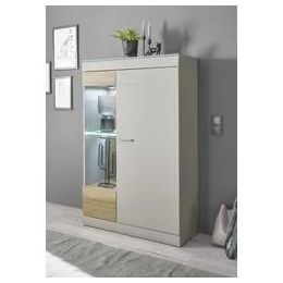 Vitrine Inosign "SCARA", grau (kieselgrau), B:90cm H:199cm T:35cm, Schränke, mit Applikation Zinneiche Dekor, Breite 90 cm, mit Softclose-Funktion