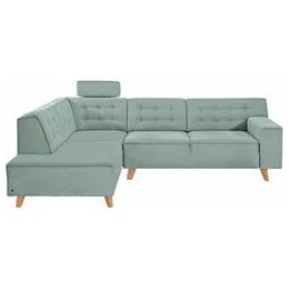 Ecksofa Tom Tailor HOME "NORDIC CHIC" Sofas Gr. B/H/T: 249cm x 77cm x 181cm, Samtstoff STC, Ottomane links, mit Sitztiefenverstellung-mit Nackenstütze, grün (celadon stc 3) mit Ottomane, wahlweise Sitzvorzug, Füße Buche natur