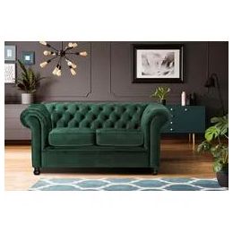 Chesterfield-Sofa Home Affaire "Chesterfield Home 2-Sitzer" Sofas Gr. B/H/T: 152cm x 75cm x 90cm, Samtvelours, Frei im Raum stellbar, grün (dunkelgrün) mit edler Knopfheftung und typischen Armlehnen