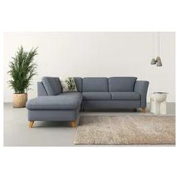 Ecksofa Home Affaire "Trelleborg L-Form" Sofas Gr. B/H/T: 252cm x 86cm x 213cm, Chenille-Optik, Ottomane links, mit Bettfunktion-mit Stauraum, blau (blaugrau) Federkern-Polsterung, wahlweise mit Bettfunktion und Stauraum