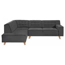 Ecksofa Tom Tailor HOME "NORDIC CHIC" Sofas Gr. B/H/T: 249cm x 77cm x 181cm, Samtstoff STC, Ottomane links, ohne Sitztiefenverstellung-ohne Nackenstütze, schwarz (tarmac stc 19) mit Ottomane, wahlweise Sitzvorzug, Füße Buche natur