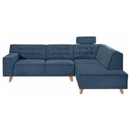 Ecksofa Tom Tailor HOME "NORDIC CHIC" Sofas Gr. B/H/T: 249cm x 77cm x 181cm, Samtstoff STC, Ottomane rechts, ohne Sitztiefenverstellung-mit Nackenstütze, blau (ink blue stc 6) mit Ottomane, wahlweise Sitzvorzug, Füße Buche natur