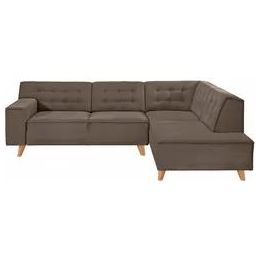 Ecksofa Tom Tailor HOME "NORDIC CHIC" Sofas Gr. B/H/T: 249cm x 77cm x 181cm, Samtstoff STC, Ottomane rechts, mit Sitztiefenverstellung-ohne Nackenstütze, braun (wood stc 4) mit Ottomane, wahlweise Sitzvorzug, Füße Buche natur