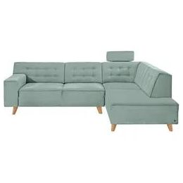 Ecksofa Tom Tailor HOME "NORDIC CHIC" Sofas Gr. B/H/T: 249cm x 77cm x 181cm, Samtstoff STC, Ottomane rechts, mit Sitztiefenverstellung-mit Nackenstütze, grün (celadon stc 3) mit Ottomane, wahlweise Sitzvorzug, Füße Buche natur