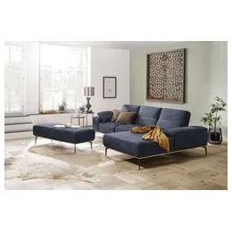 Ecksofa W.Schillig "run" Sofas Gr. B/H/T: 299cm x 88cm x 178cm, Stoff S37, Recamiere rechts, mit Sitztiefenverstellung, blau (dunkelblau s37) mit Holzsockel, Füße in Bronze pulverbeschichtet, Breite 299 cm