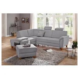 Ecksofa Home Affaire "Alta L-Form" Sofas Gr. B/H/T: 250cm x 89cm x 201cm, Struktur fein, Ottomane links, mit Bettfunktion-ohne Stauraum, grau mit Federkern und Kontrastnaht, Füße Buche eichefarben