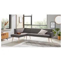 Eckbank exxpo - SOFA FASHION "Lungo, moderne Kedernaht, bequem und elegant, hoher Holzfuß" Sitzbänke Gr. B/H/T: 158cm x 84cm x 239cm, Webstoff, langer Schenkel rechts, grau (grey melange) hochwertige Detailverarbeitung, frei im Raum stellbar