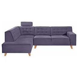 Ecksofa Tom Tailor HOME "NORDIC CHIC" Sofas Gr. B/H/T: 249cm x 77cm x 181cm, Samtstoff STC, Ottomane links, mit Sitztiefenverstellung-mit Nackenstütze, lila (lila stc 18) mit Ottomane, wahlweise Sitzvorzug, Füße Buche natur