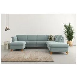 Wohnlandschaft Home Affaire "Trelleborg U-Form" Sofas Gr. B/H/T: 307 cm x 86 cm x 213 cm, Struktur fein, Ottomane rechts, ohne Bettfunktion-ohne Stauraum, blau (aqua) Federkern-Polsterung, wahlweise mit Bettfunktion und Stauraum