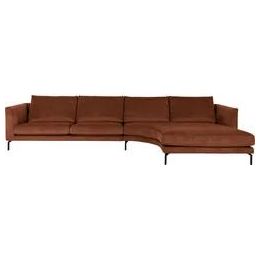 Ecksofa furninova "Designpolsterecke mit erstklassigem Sitzkomfort" Sofas Gr. B/H/T: 371cm x 80cm x 177cm, Velours, Recamiere rechts, ohne Bettfunktion, braun (bronze) mit abgerundetem Longchair, im skandinavischen Design