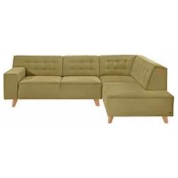 Ecksofa Tom Tailor HOME "NORDIC CHIC" Sofas Gr. B/H/T: 249cm x 77cm x 181cm, Samtstoff STC, Ottomane rechts, ohne Sitztiefenverstellung-ohne Nackenstütze, beige (gold mustard stc 13) mit Ottomane, wahlweise Sitzvorzug, Füße Buche natur