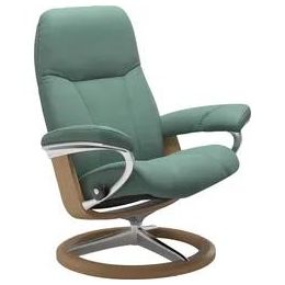 Relaxsessel stressless "Consul" Sessel Gr. Leder PALOMA, Signature Base Eiche, BalanceAdaptTM-PlusTMSystem-Gleitsystem-Relaxfunktion-Drehfunktion-Kopfstützenverstellung-Rückteilverstellung, B/H/T: 82cm x 102cm x 72cm, grün (aqua green paloma) mit Signature Base, Größe M, Gestell Eiche