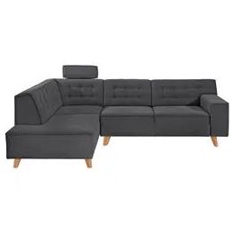 Ecksofa Tom Tailor HOME "NORDIC CHIC" Sofas Gr. B/H/T: 249cm x 77cm x 181cm, Samtstoff STC, Ottomane links, ohne Sitztiefenverstellung-mit Nackenstütze, schwarz (tarmac stc 19) mit Ottomane, wahlweise Sitzvorzug, Füße Buche natur