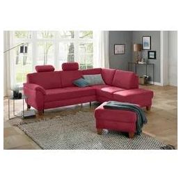 Ecksofa Home Affaire "Alta L-Form" Sofas Gr. B/H/T: 250cm x 89cm x 201cm, Luxus-Microfaser ALTARA NUBUCK, Ottomane rechts, mit Bettfunktion-mit Stauraum, rot (bordeaux) mit Federkern und Kontrastnaht, Füße Buche eichefarben