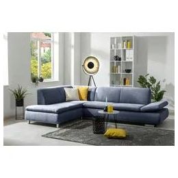 Ecksofa Max Winzer "Toulouse modern und bequem, aktuelles Design, hoher Sitzkomfort" Sofas Gr. B/H/T: 271cm x 75cm x 190cm, Samtvelours, Ottomane links, blau mit klappbaren Armlehnen, Breite 271 cm