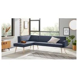 Eckbank exxpo - SOFA FASHION "Lungo, moderne Kedernaht, bequem und elegant, hoher Holzfuß" Sitzbänke Gr. B/H/T: 158cm x 84cm x 239cm, Webstoff, langer Schenkel rechts, blau (denim) hochwertige Detailverarbeitung, frei im Raum stellbar