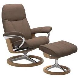 Relaxsessel stressless "Consul" Sessel Gr. ROHLEDER Stoff Q2 FARON, Signature Base Eiche, BalanceAdaptTM-PlusTMSystem-Gleitsystem-Relaxfunktion-Drehfunktion-Kopfstützenverstellung-Rückteilverstellung, B/H/T: 91cm x 102cm x 79cm, braun (dark beige q2 faron) mit Hocker, Signature Base, Größe L, Gestell Eiche